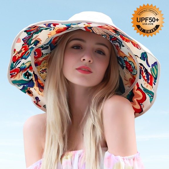 Floral Extendable Extra Wide Brim Sun Hat for Women - UPF50 Cotton ...