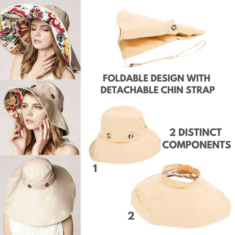 Floral Extendable Extra Wide Brim Sun Hat for Women - UPF50 Cotton ...