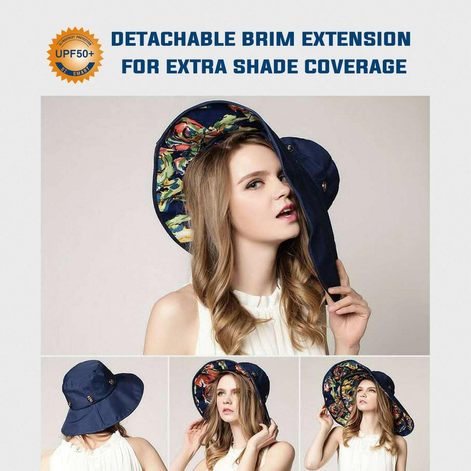 Floral Extendable Extra Wide Brim Sun Hat for Women - UPF50 Cotton ...