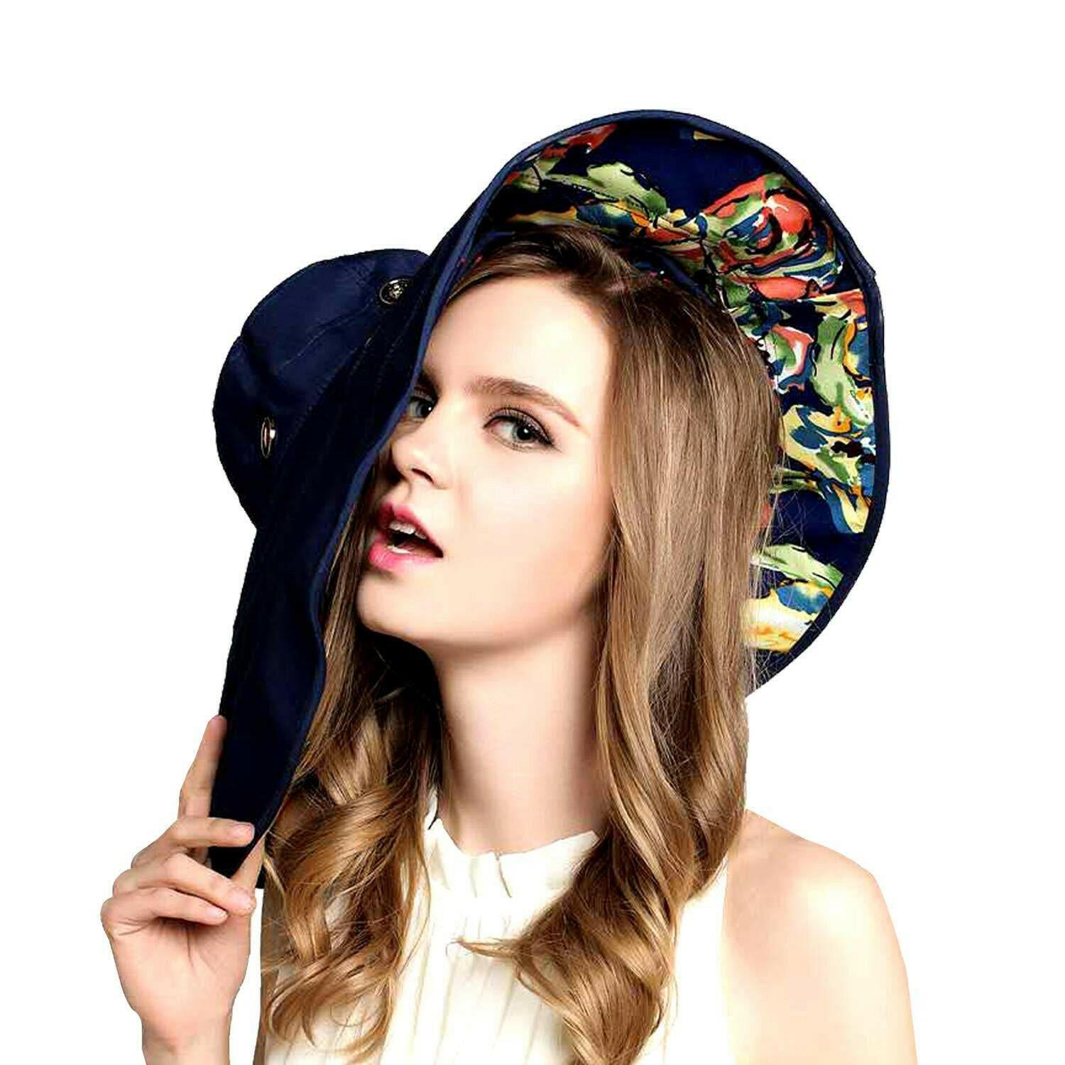 Floral Extendable Extra Wide Brim Sun Hat for Women - UPF50 Cotton ...