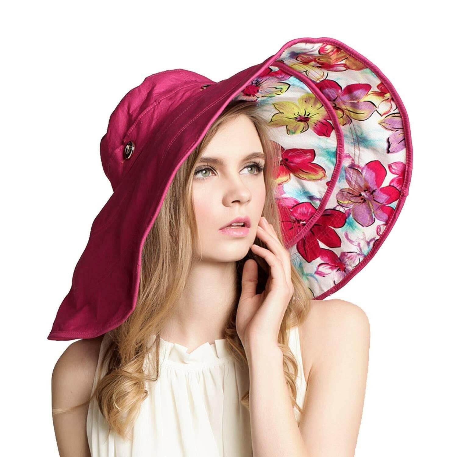 Floral Extendable Extra Wide Brim Sun Hat for Women - UPF50 Cotton ...